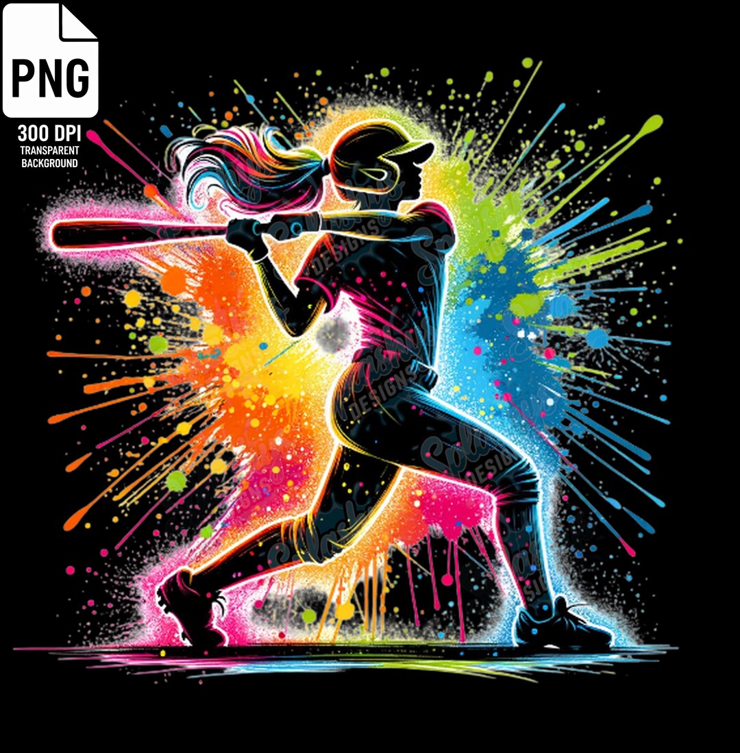 Colorful Softball Player Swinging Bat PNG Sublimation Design for Sports ...