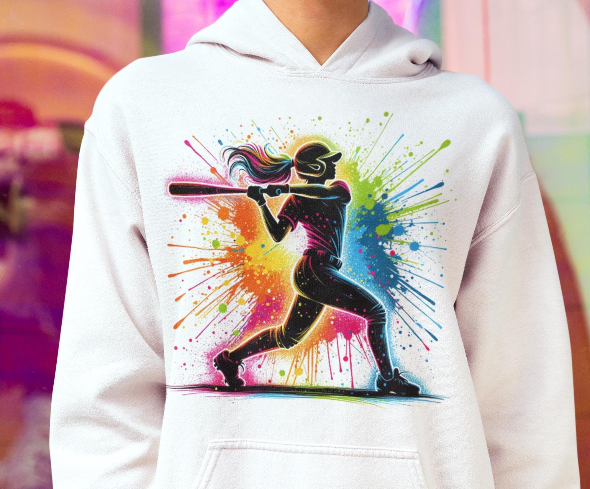 Colorful Softball Player Swinging Bat PNG Sublimation Design for Sports ...