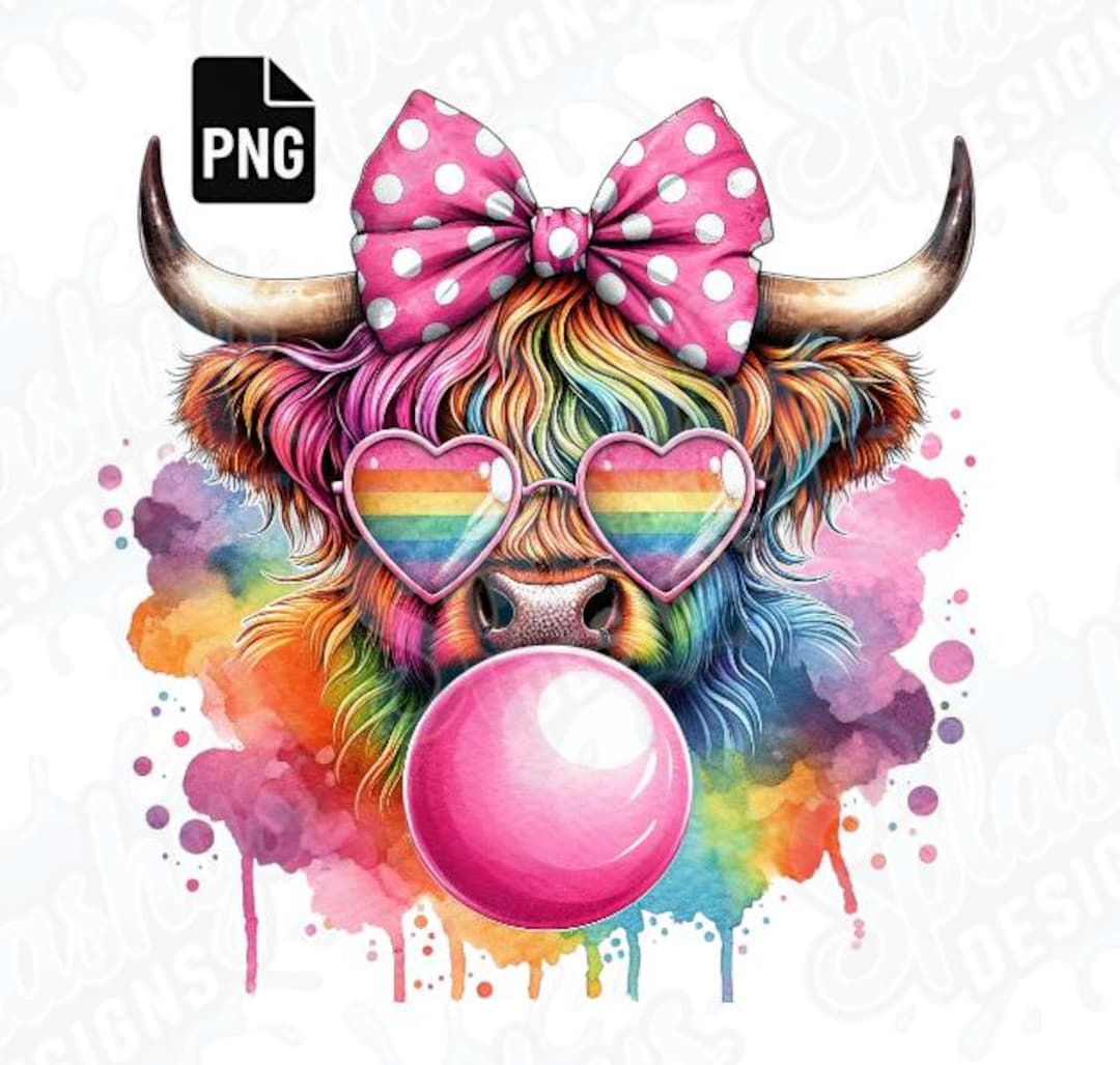 Rainbow Highland Cow Sublimation PNG With Heart Sunglasses Pink Bow ...