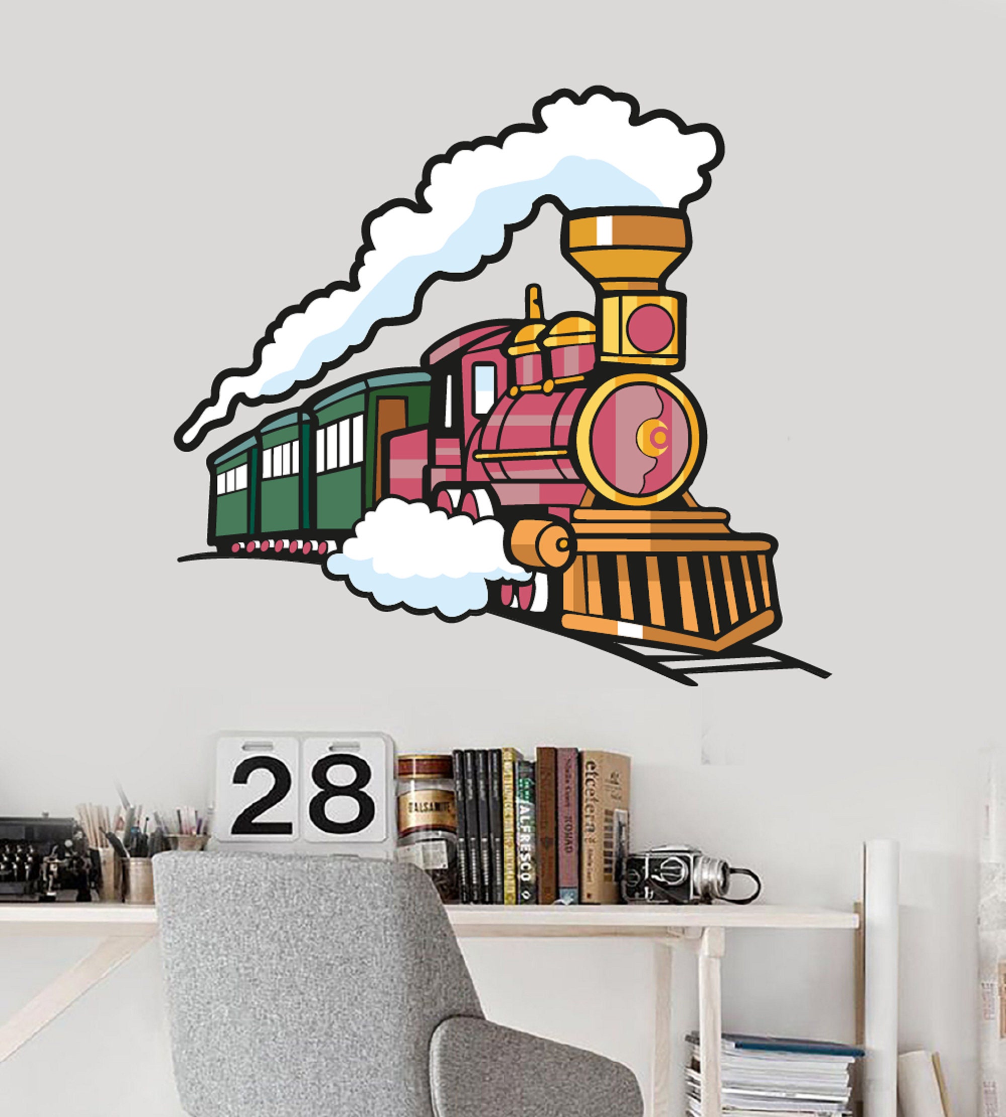 Cartoon Train Design With Smoke Vinyl Wall Decal Colorful Vintage Coal ...