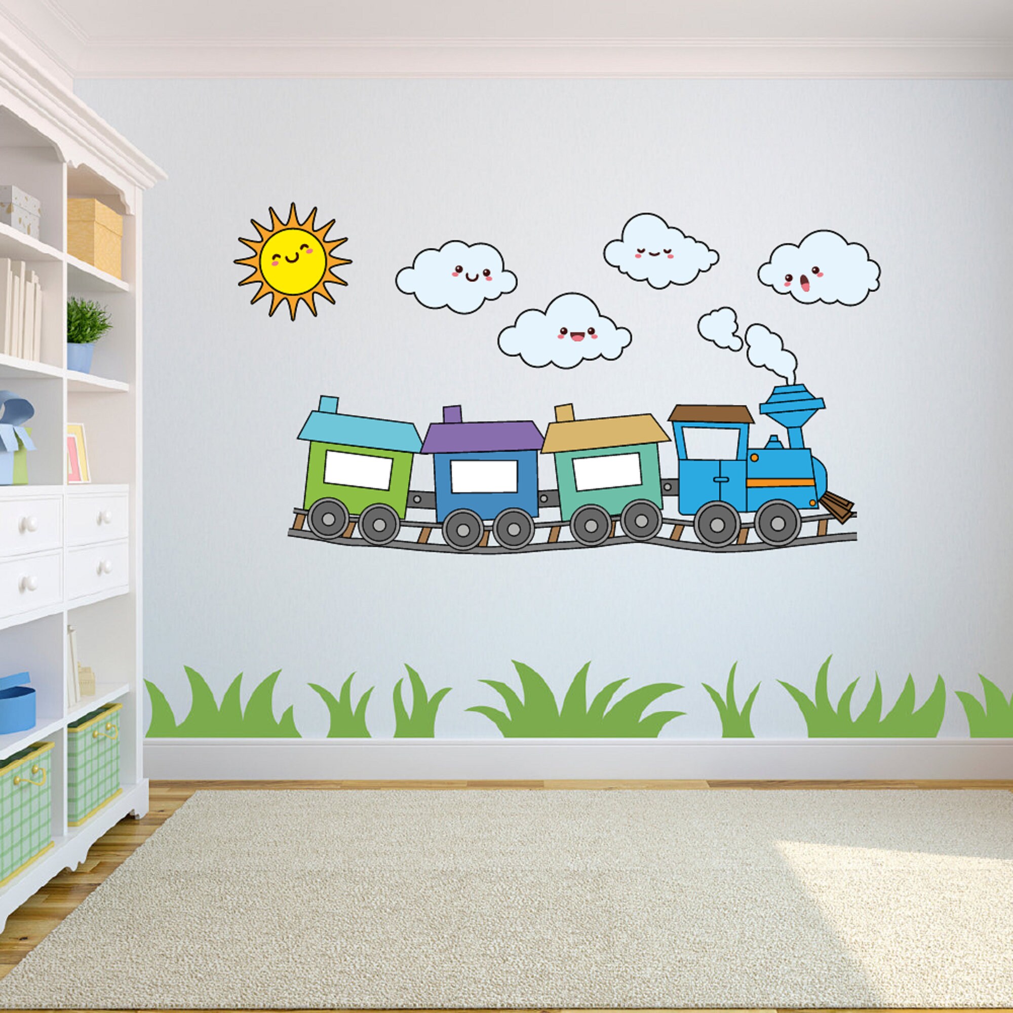 Blue and Red Toy Train Design With Happy Sun and Clouds for Kid's ...