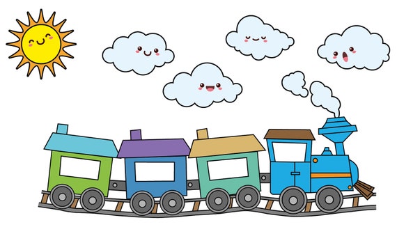 Blue and Red Toy Train Design With Happy Sun and Clouds for | Etsy