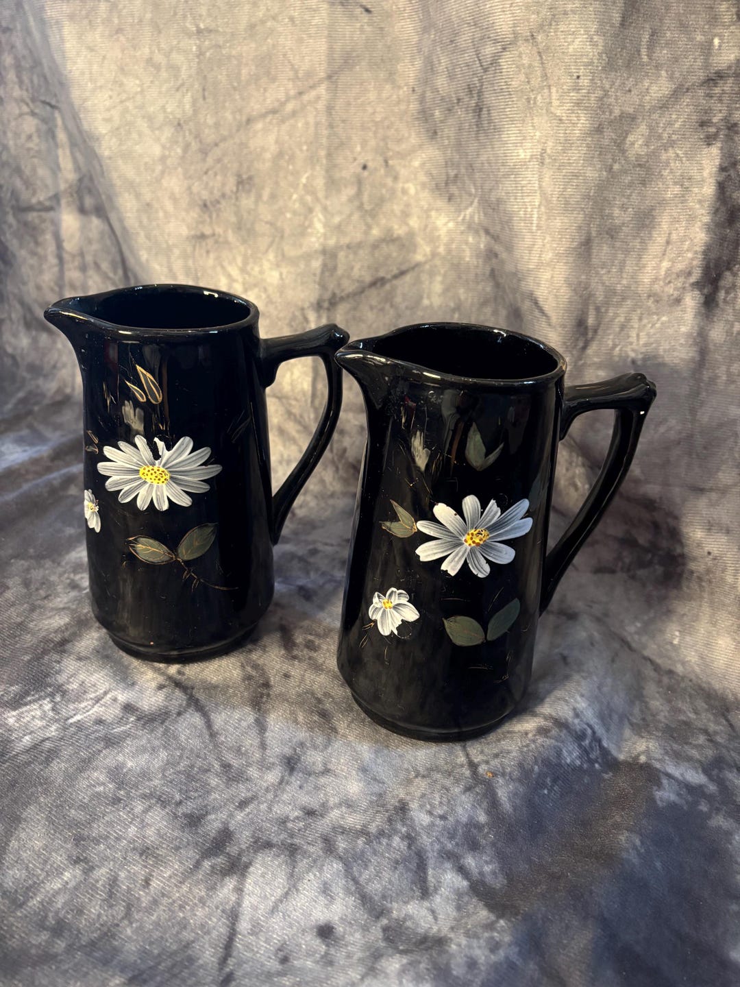 Antique British Victorian Jackfield Blackware Daisy Jugs, Enamel Gilt ...