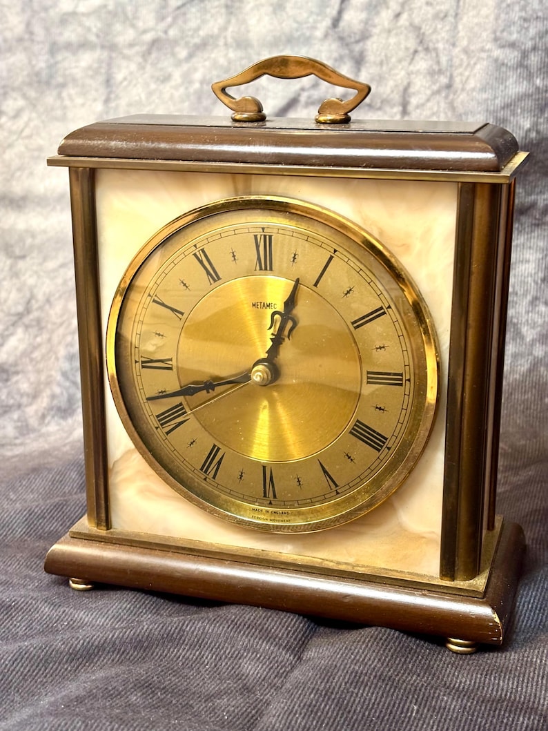 Vintage Metamec Carriage Mantel Clock: Brass Frame With Faux Onyx ...