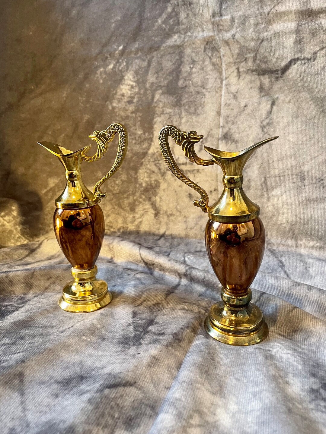 Antique Gilt Gold Dragon Handled Decorative Jugs, Vases PERFECT PAIR ...