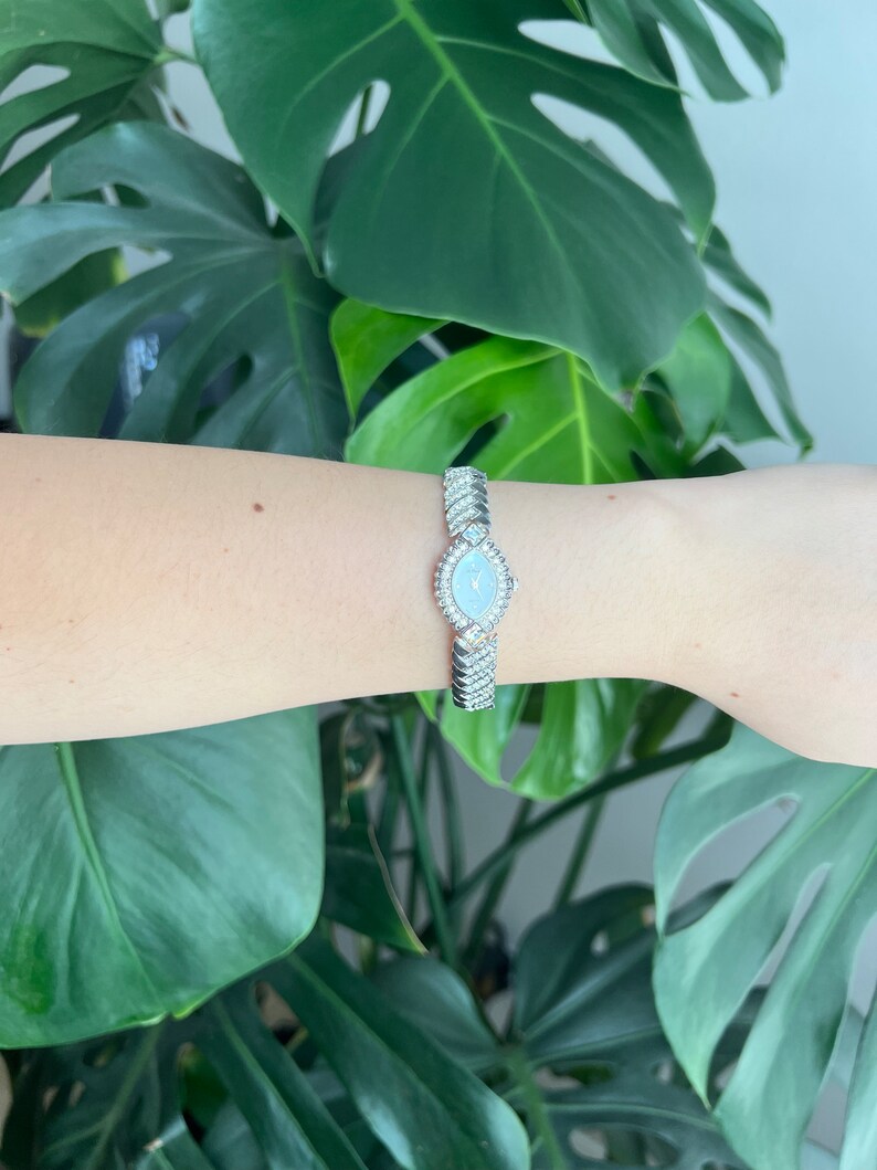 Vintage Le Baron Quartz Dainty Watch Almond Dial Silver Tone Crystals ...