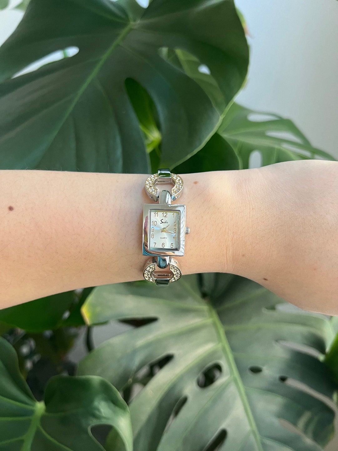 Vintage Sachi Dainty Watch | Crystal Details | Rectangle Dial | Silver ...