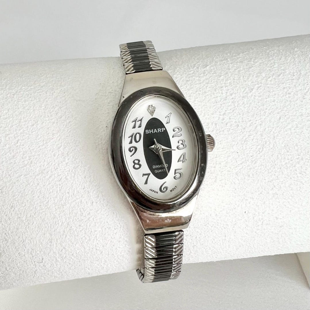 Vintage Sharp Women's Watch: Black & White Oval Dial, Silver Tone - Etsy