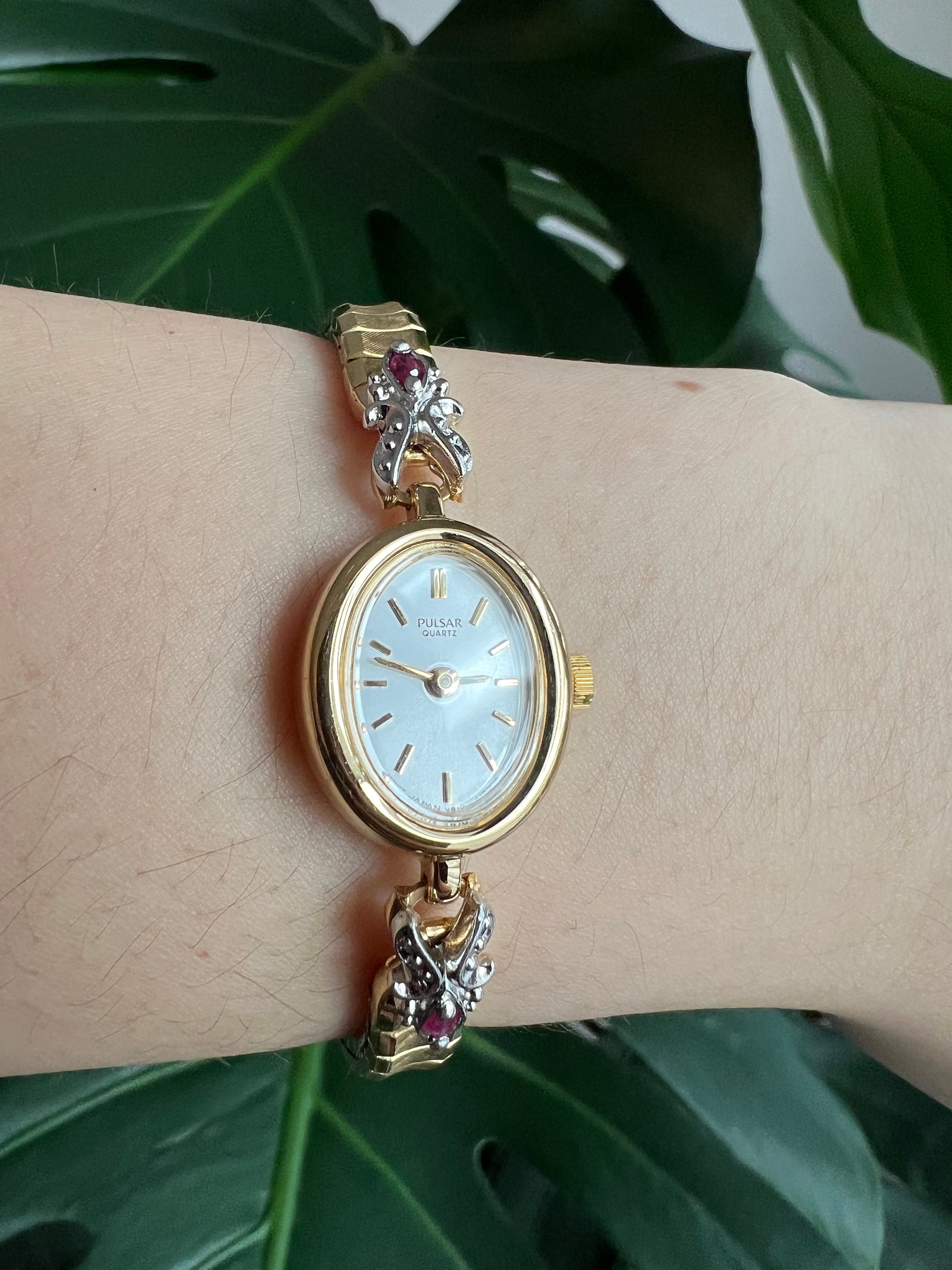 Vintage Pulsar Dainty Womens Watch Oval Dial Rubies Gold Tone Stretchy Band - Etsy