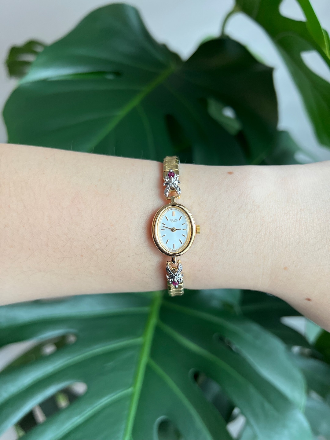 Vintage Pulsar Dainty Womens Watch Oval Dial Rubies Gold Tone Stretchy Band - Etsy