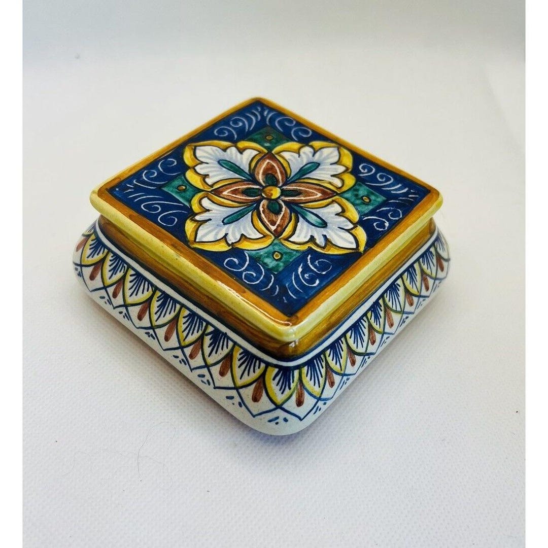 Square Ceramic Trinket Dresser Box SBERNA DERUTA ITALY Hand Painted 3.5 ...