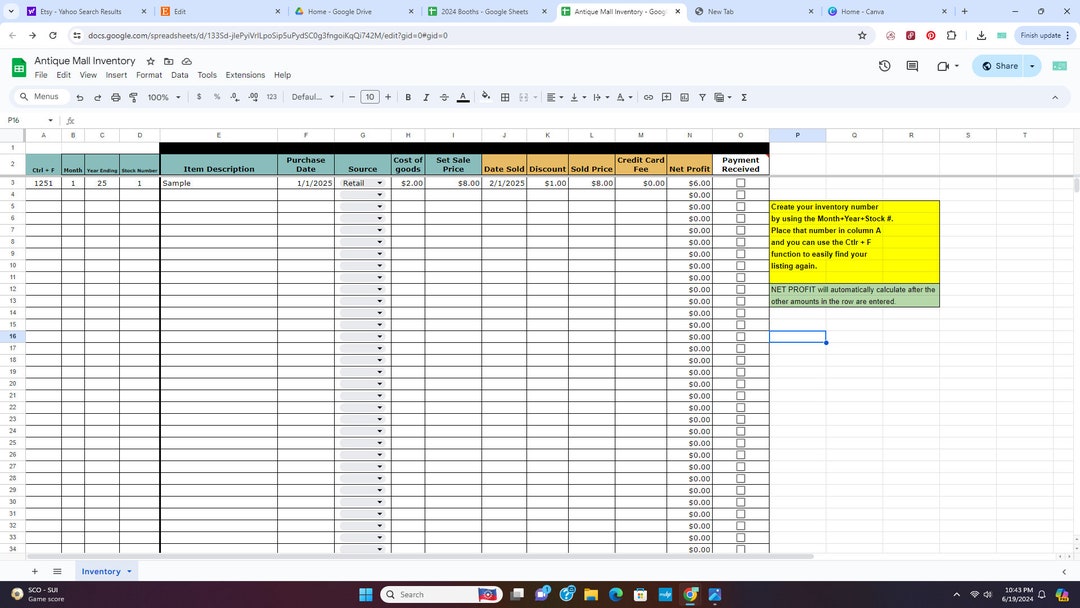 Antique Mall Inventory Log - Either Excel or Google Sheets. - Etsy