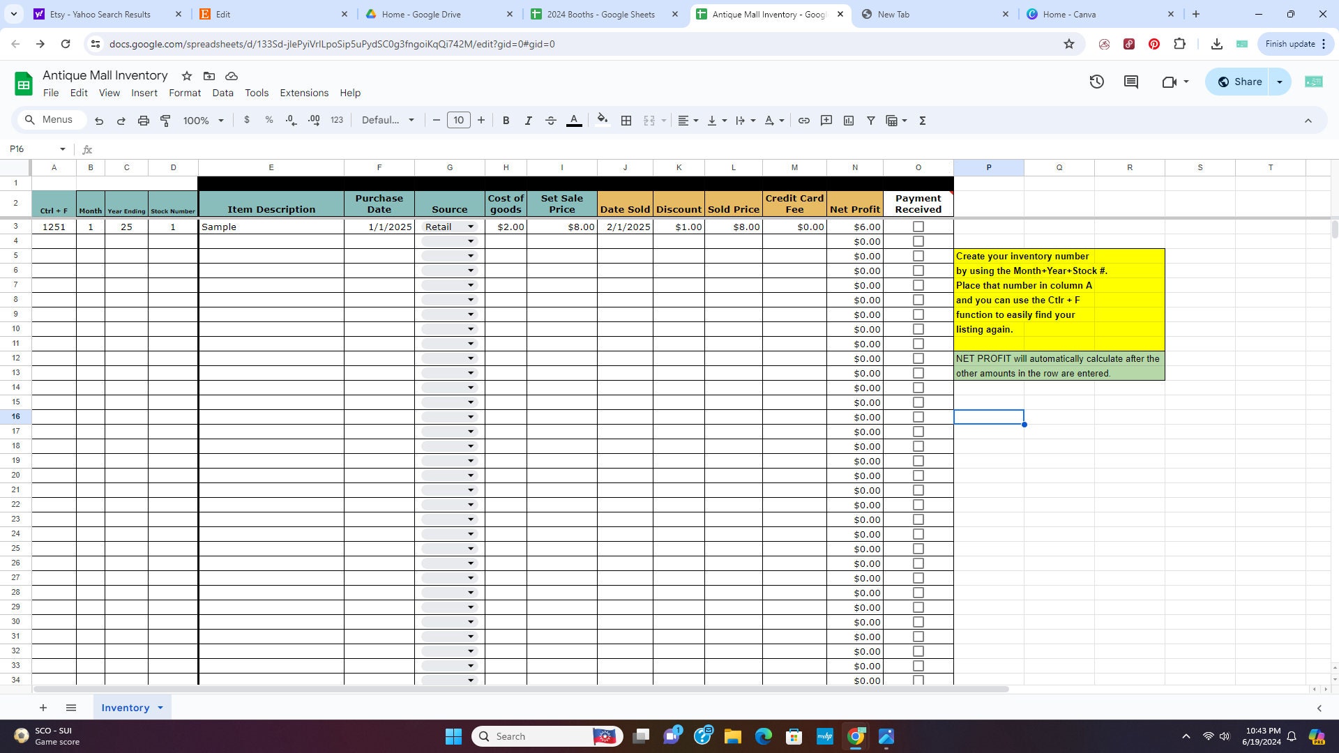 Antique Mall Inventory Log - Either Excel or Google Sheets. - Etsy