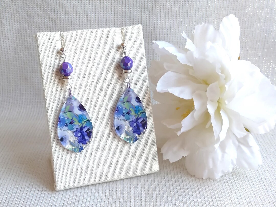 Classy Blue, Violet & Periwinkle Flowers Acrylic Teardrop Earrings With ...