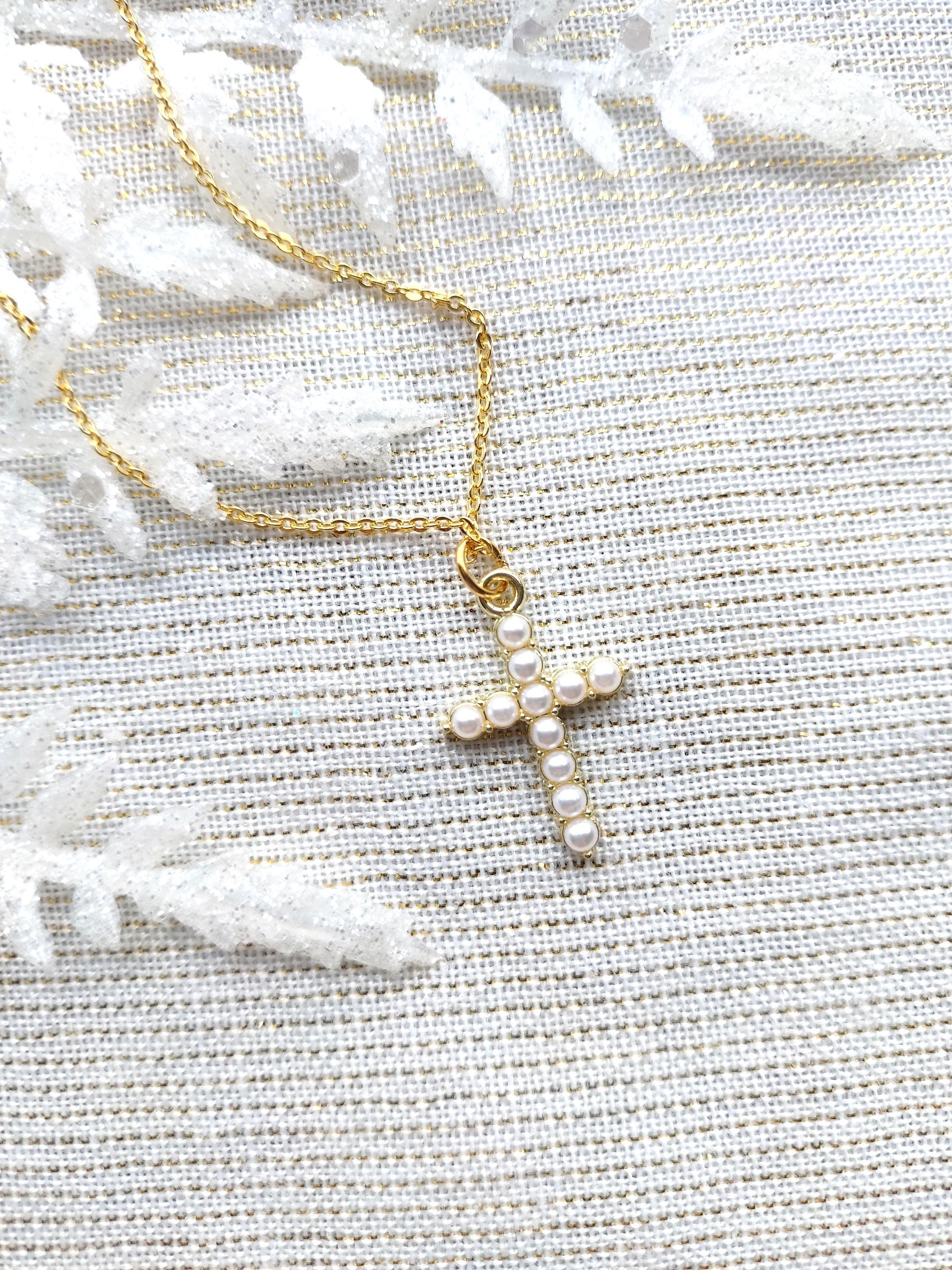 Pearl Cross Necklace: Gold Tone Christian Jewelry, Adjustable Length - Etsy