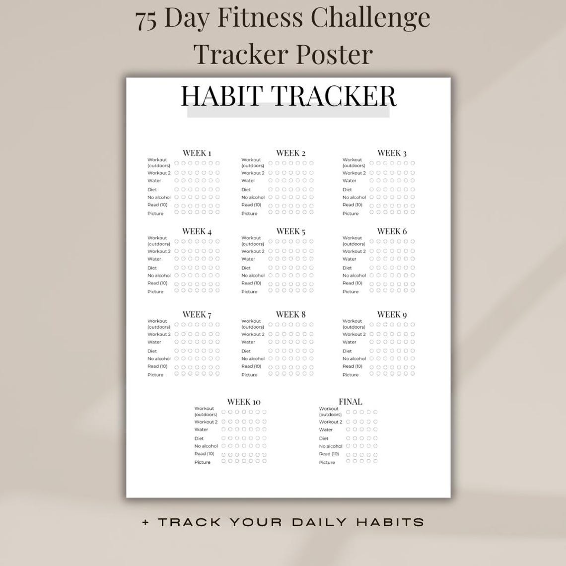 75 Day Fitness Challenge Tracker Poster, Habit and Goals Printable ...