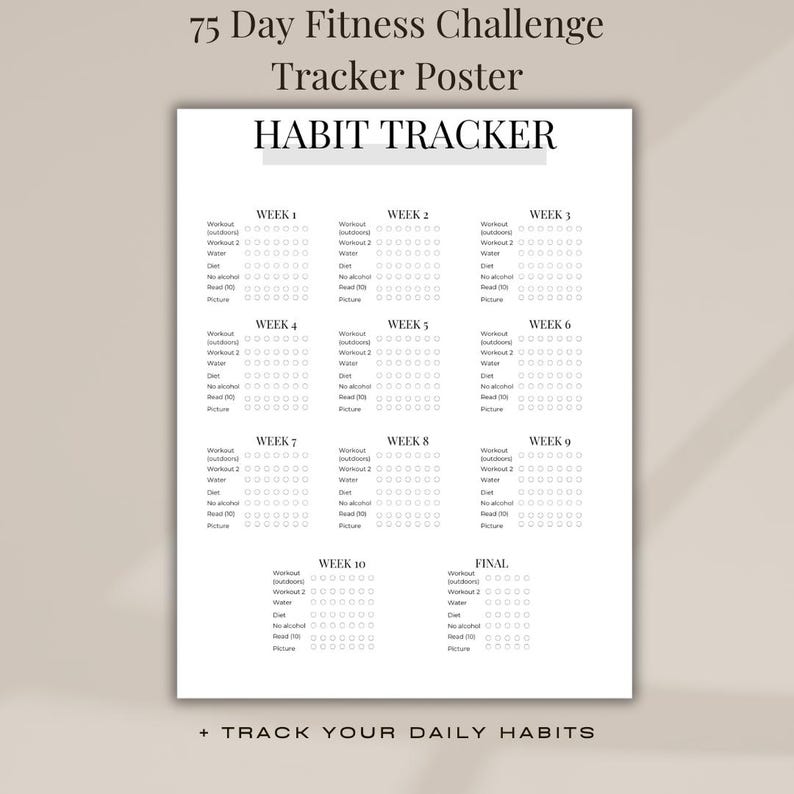 75 Day Fitness Challenge Tracker Poster, Habit and Goals Printable ...