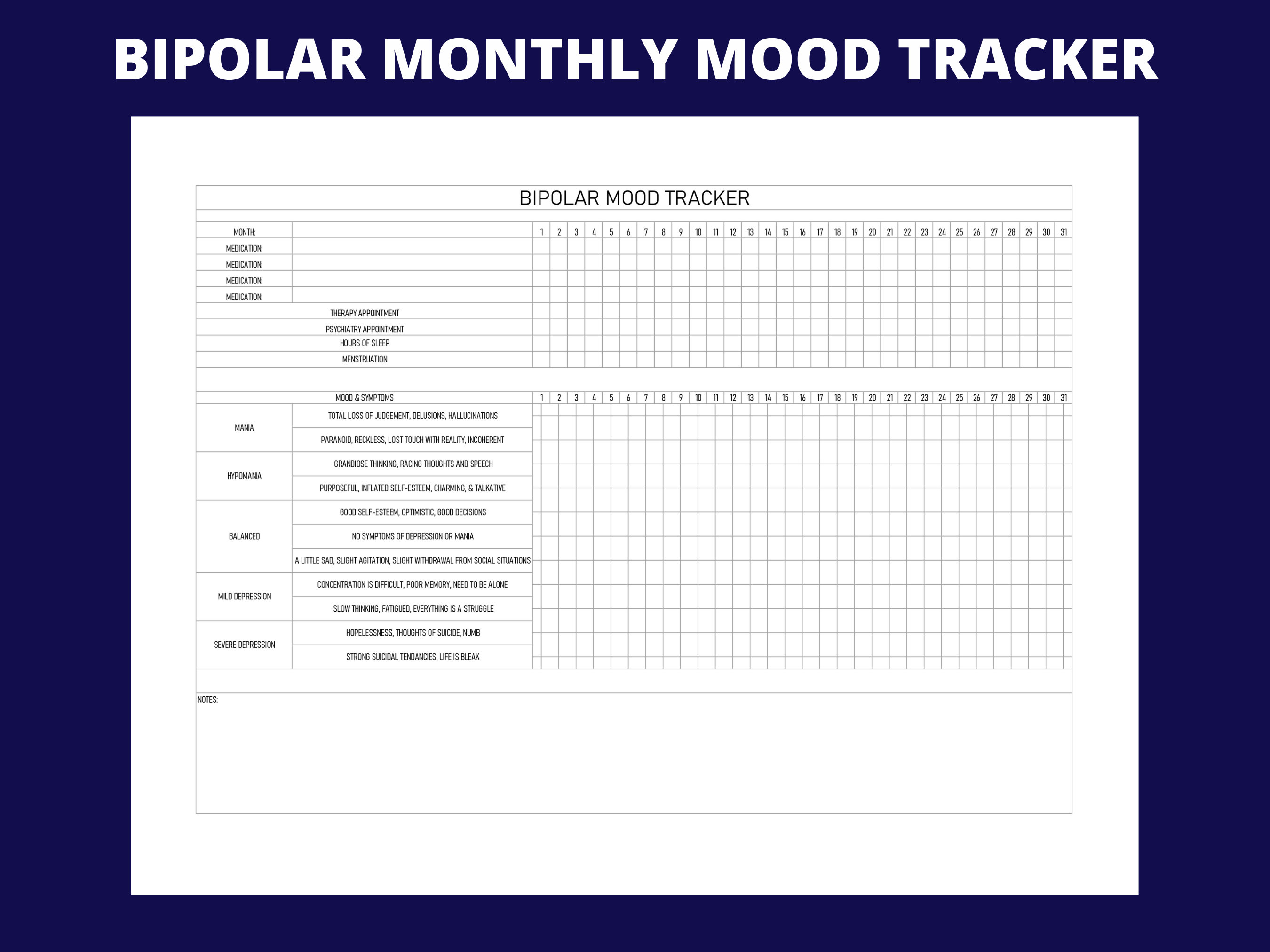 Printable Bipolar Monthly Mood Tracker | Etsy