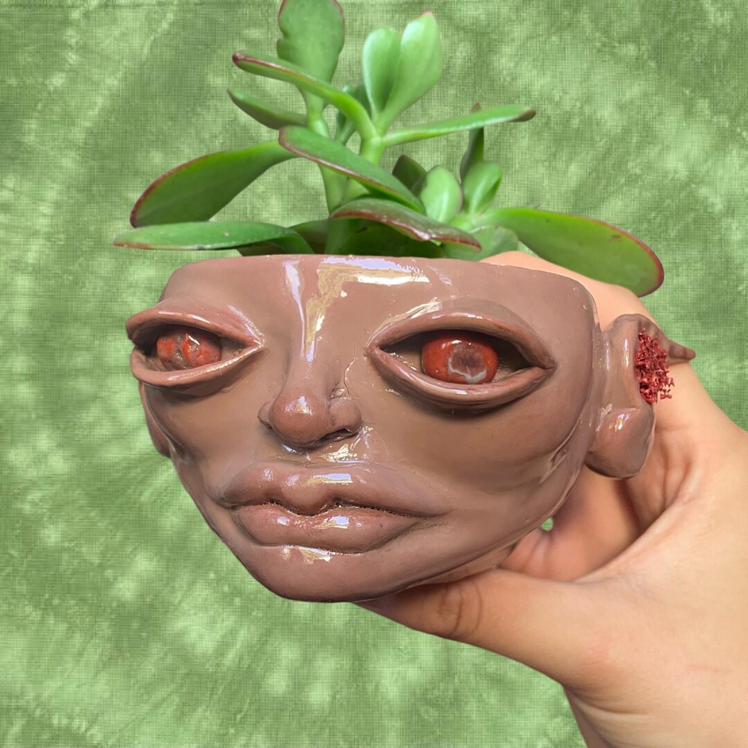 Small Clay Planter | Weird Elf Face Pot | Real Moss and Crystals | Hand ...