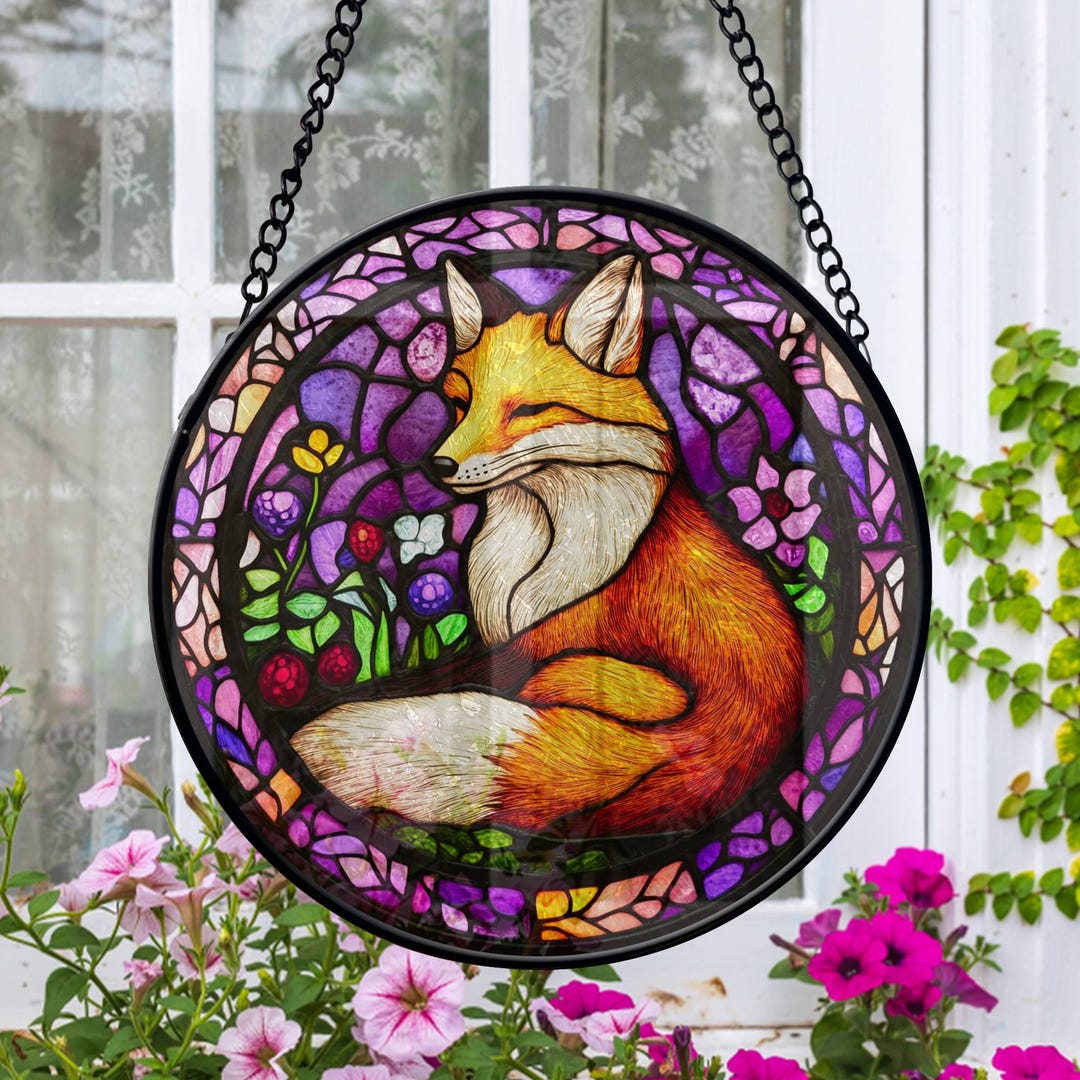 Fox Round Stained Glass Suncatcher, Fox Window Hanging Wall Decor Home ...