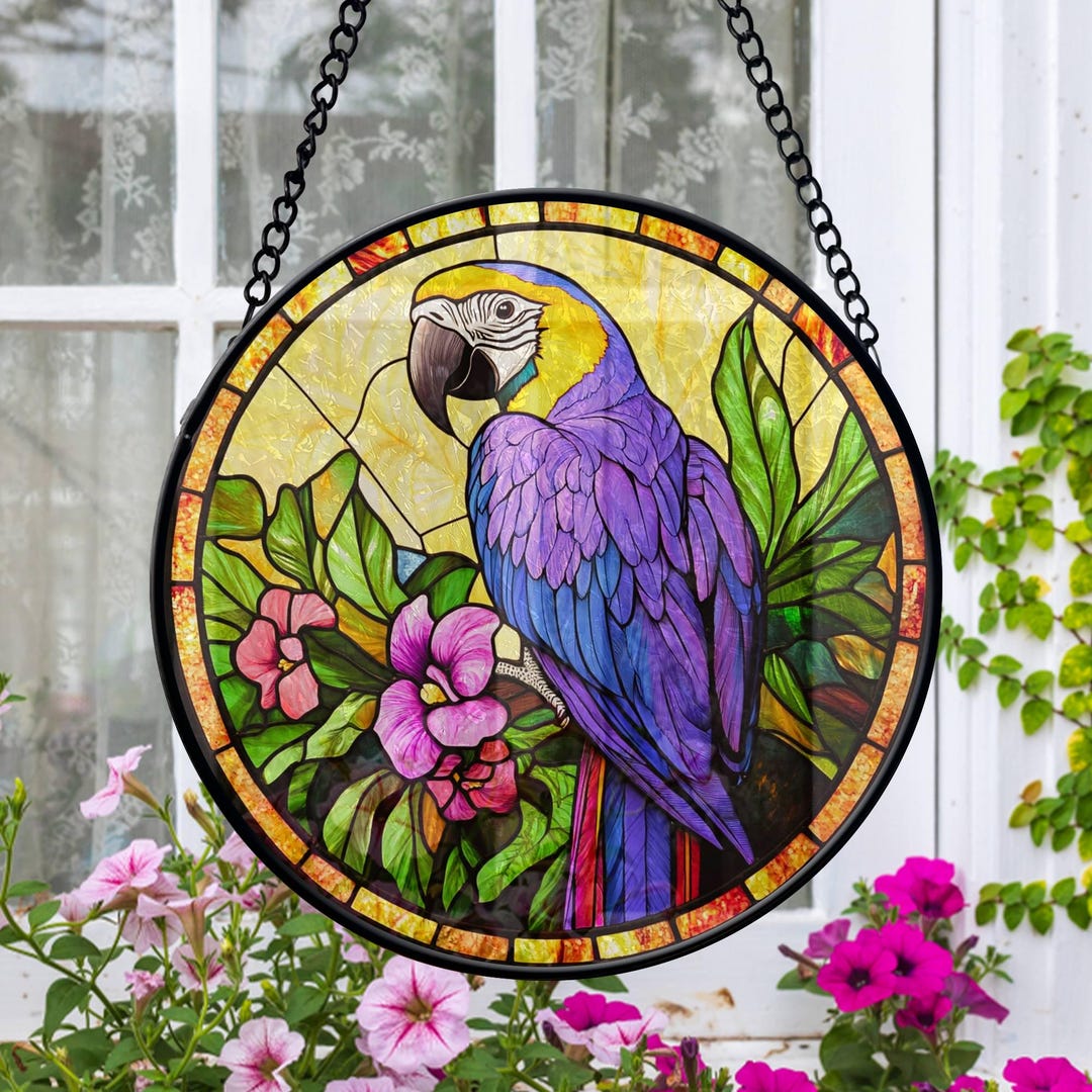Macaw Parrot Round Stained Glass Suncatcher, Macaw Parrot Window ...