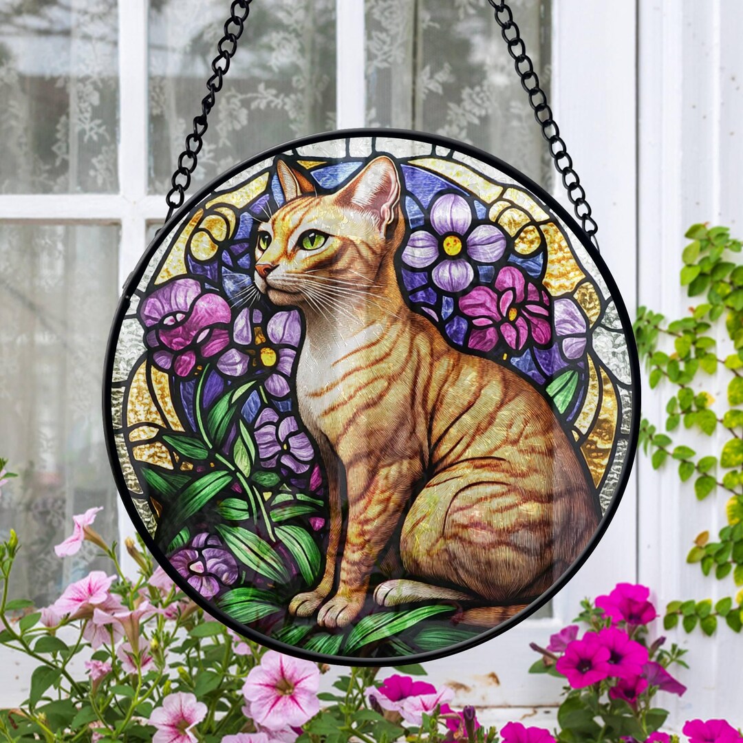 Abyssinian Cat Round Stained Glass Suncatcher, Cat Window Hanging Wall ...