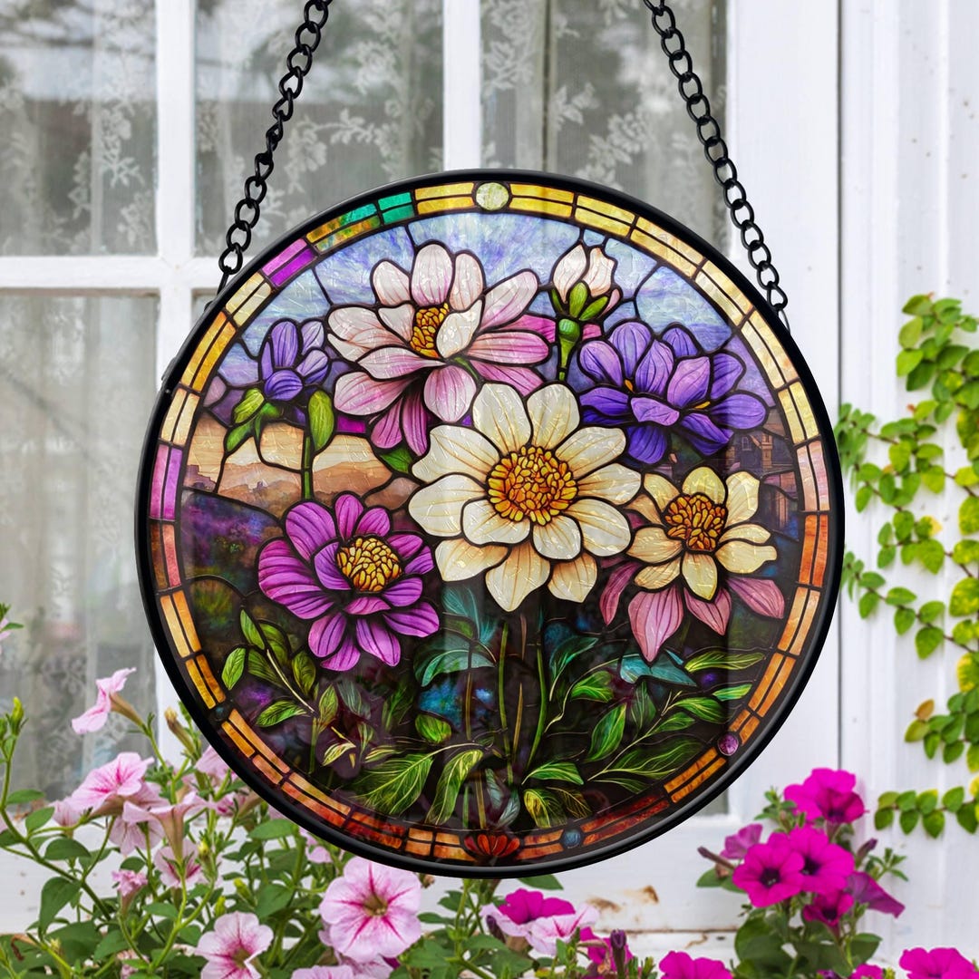 Dahlias Flowers Round Stained Glass Suncatcher, Dahlias Flowers Window ...