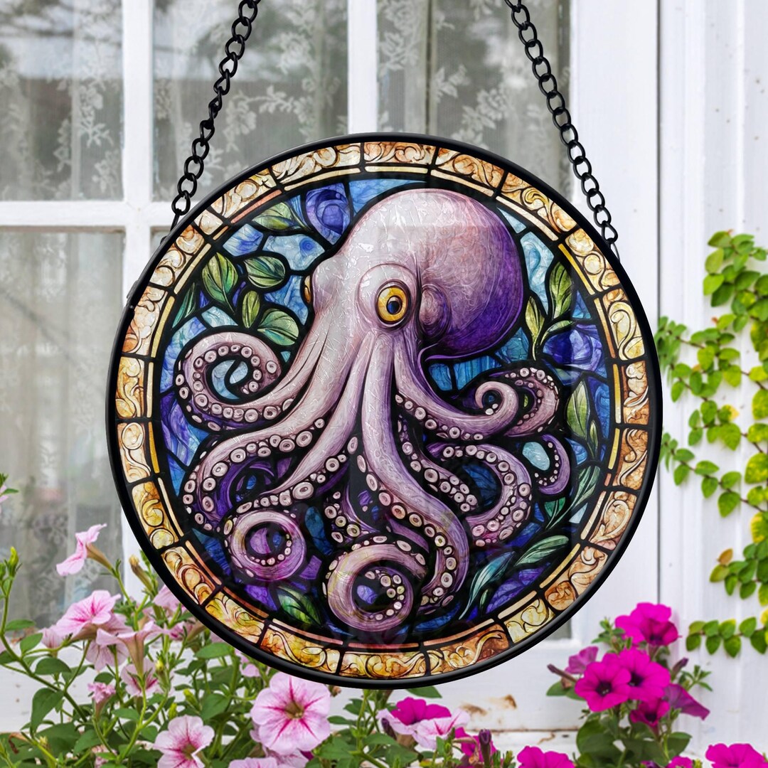 Octopus Round Stained Glass Suncatcher, Octopus Window Hanging Wall ...
