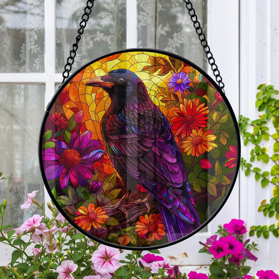 Crow Round Stained Glass Suncatcher, Crow Window Hanging Wall Decor ...