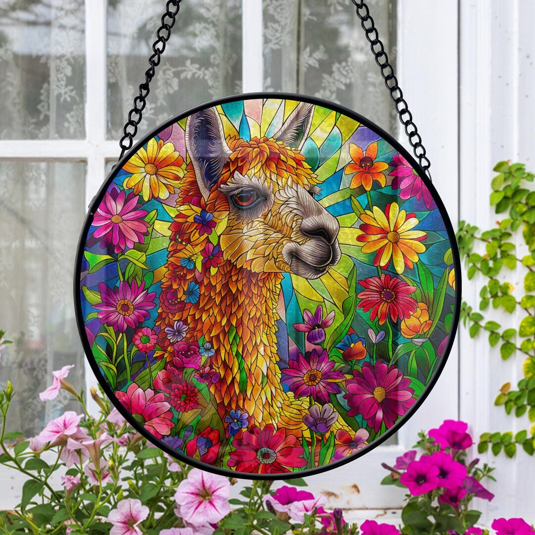Alpaca Round Stained Glass Suncatcher, Alpaca Window Hanging Wall Decor ...