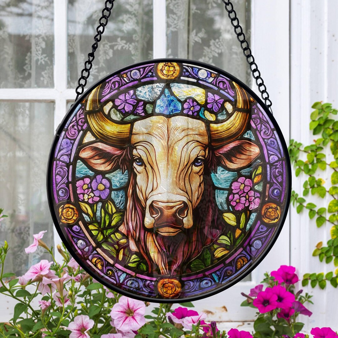 Bull Round Stained Glass Suncatcher, Bull Window Hanging Wall Decor ...
