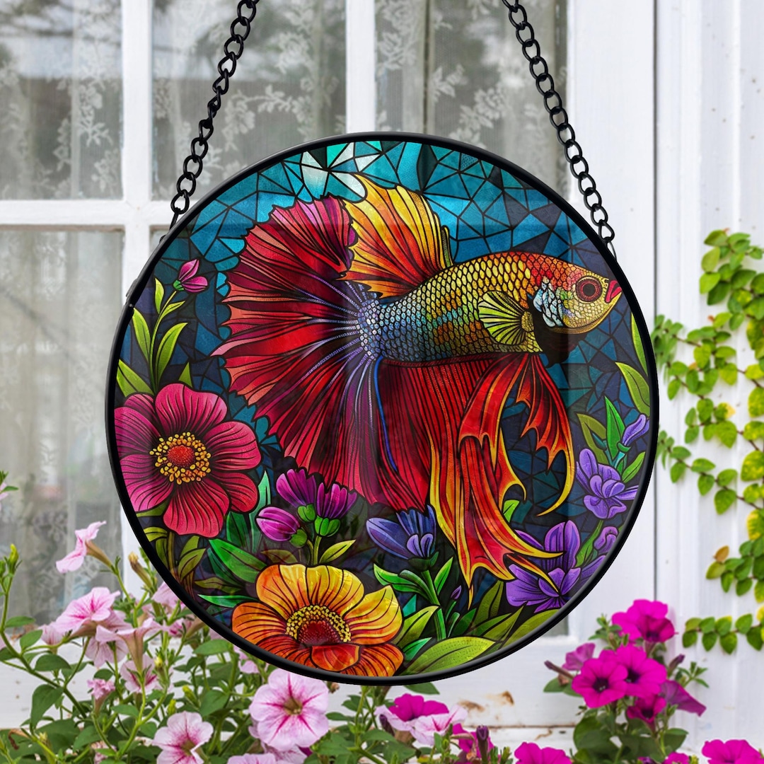 Betta Fish Round Stained Glass Suncatcher, Betta Fish Window Hanging ...
