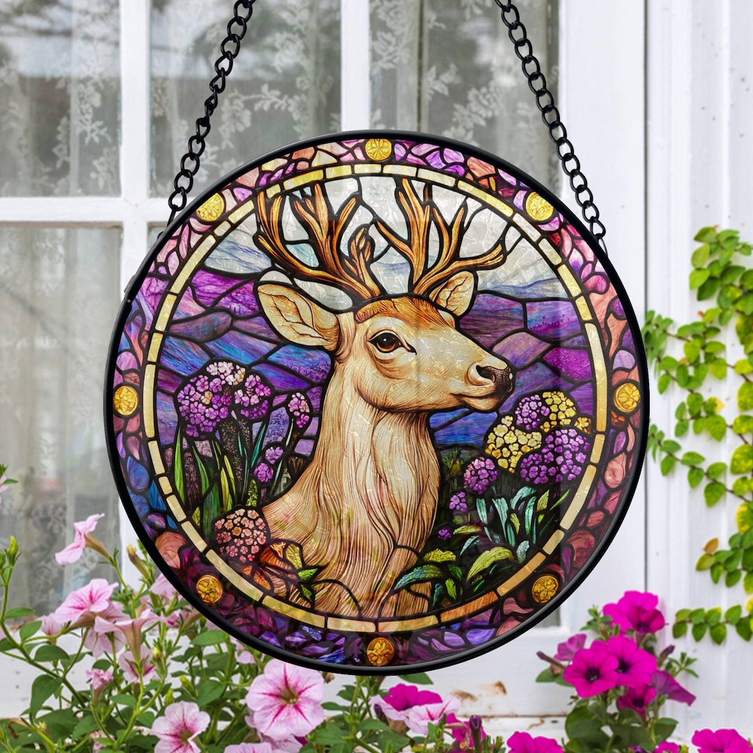 Reindeer Round Stained Glass Suncatcher, Reindeer Window Hanging Wall ...