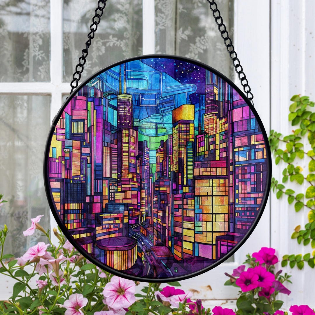 Neon Cyberpunk City Round Stained Glass Suncatcher, Cyberpunk Window ...