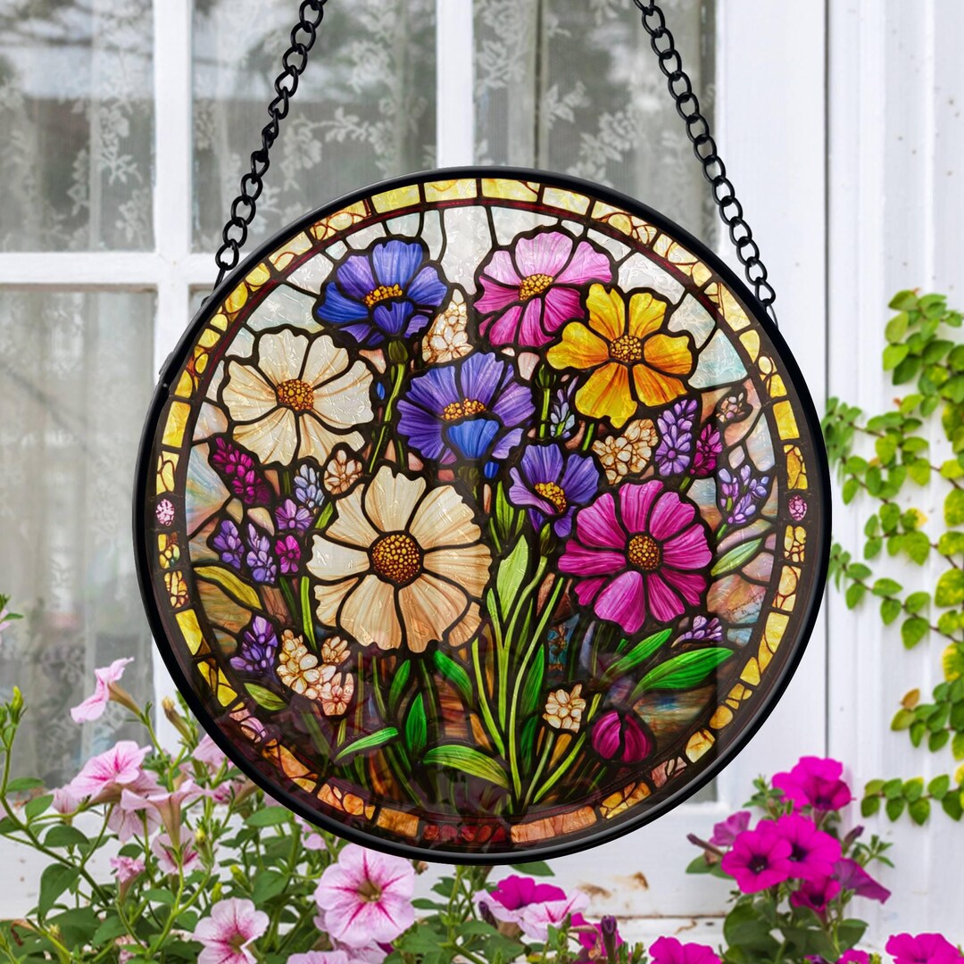 Cornflower Flowers Round Stained Glass Suncatcher, Cornflower Flowers ...