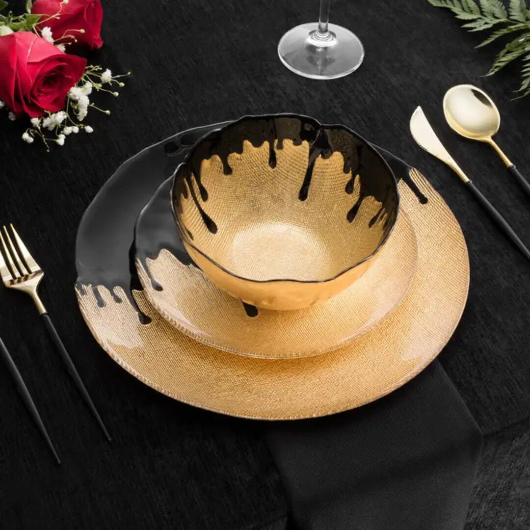 Norine 12 Piece Gold & Black Drip Dinnerware Set - Etsy
