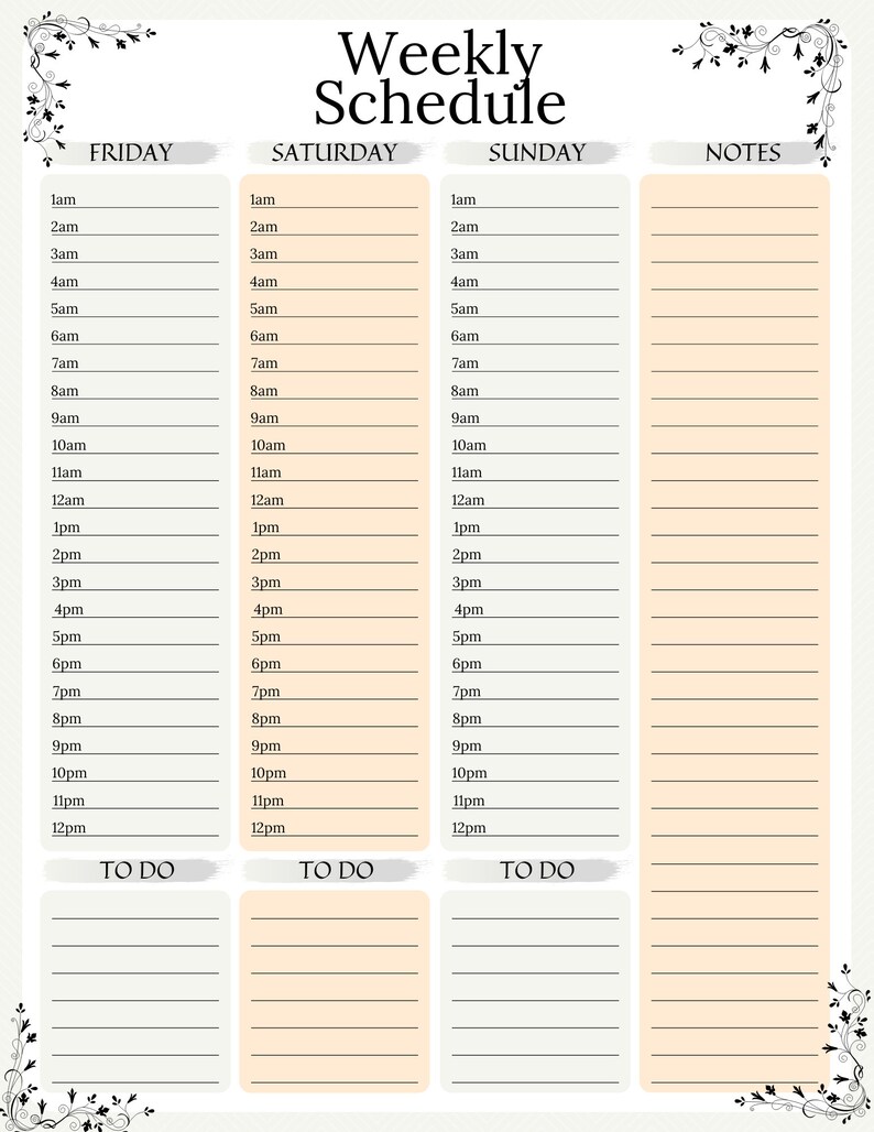 Weekly Schedule Monday Thru Sunday - Etsy
