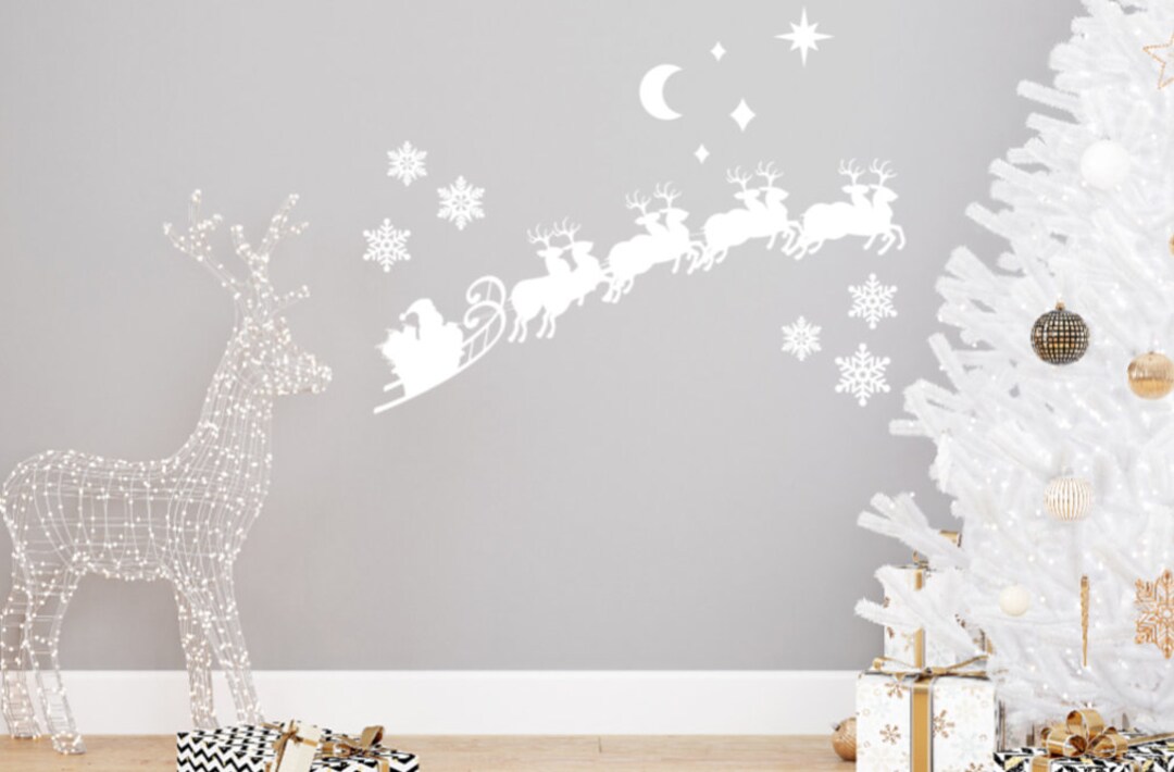 Christmas Santa Sleigh Vinyl, Santa, Eight (8) Reindeer, Stars & Flakes ...