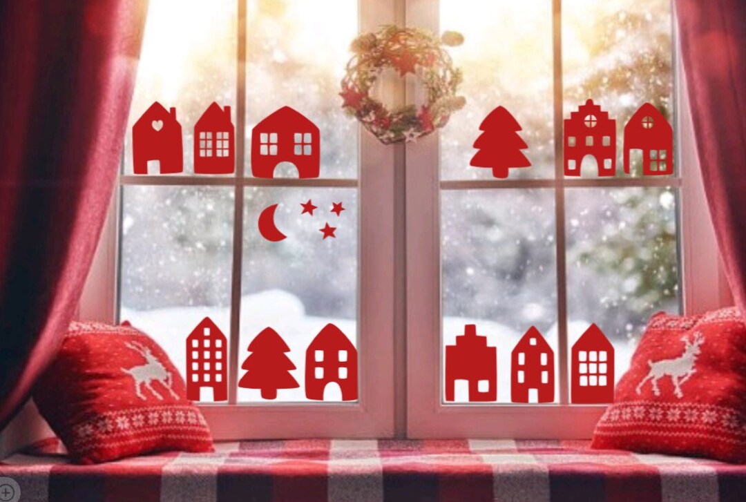 Christmas Village, Trees Moon Stars christmas Window Decor window Cling ...