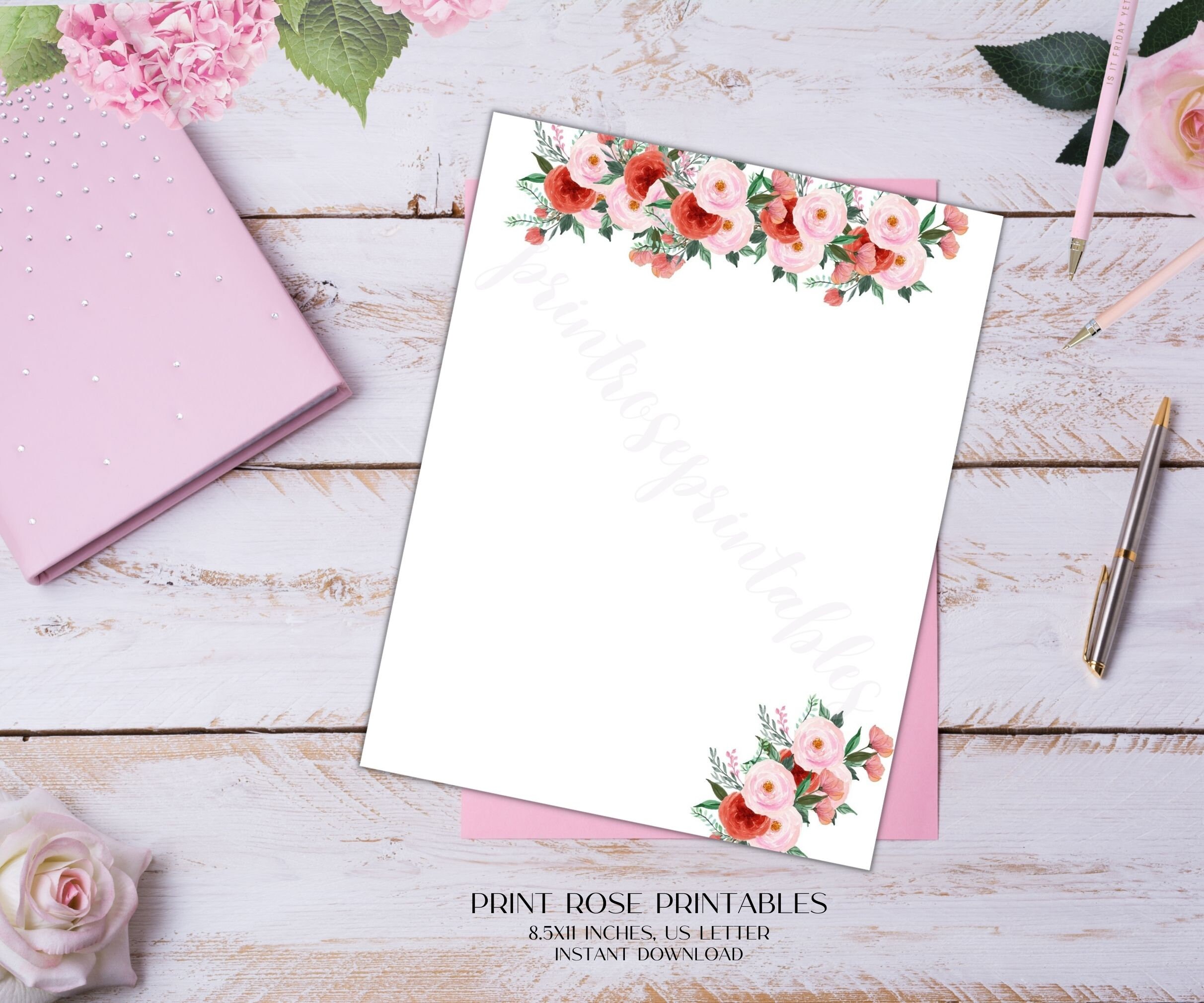 Pink Garden Floral Printable Stationery 8.5x11 Inches US Letter ...