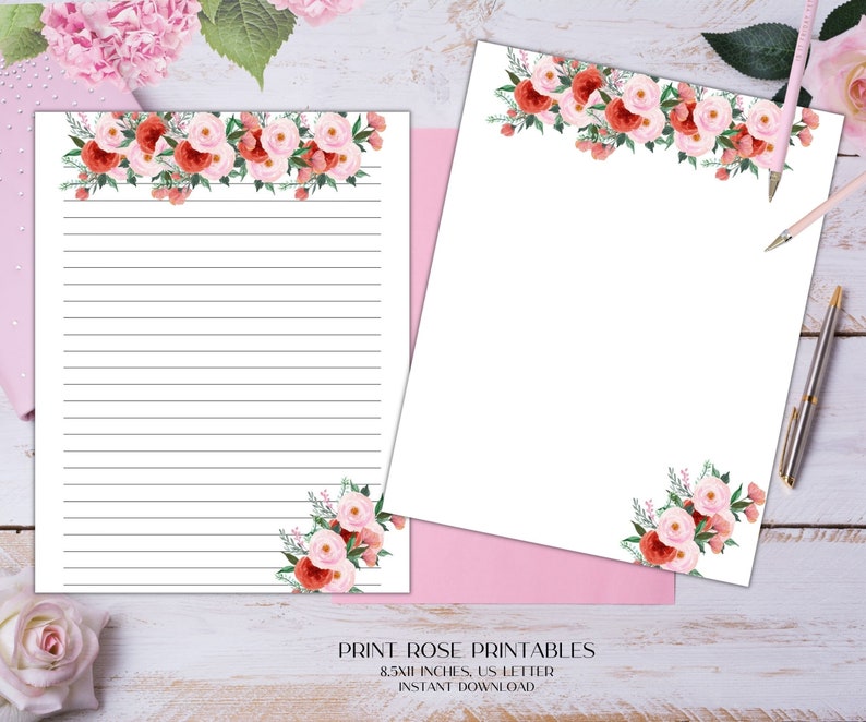 Pink Garden Floral Printable Stationery 8.5x11 Inches US Letter ...