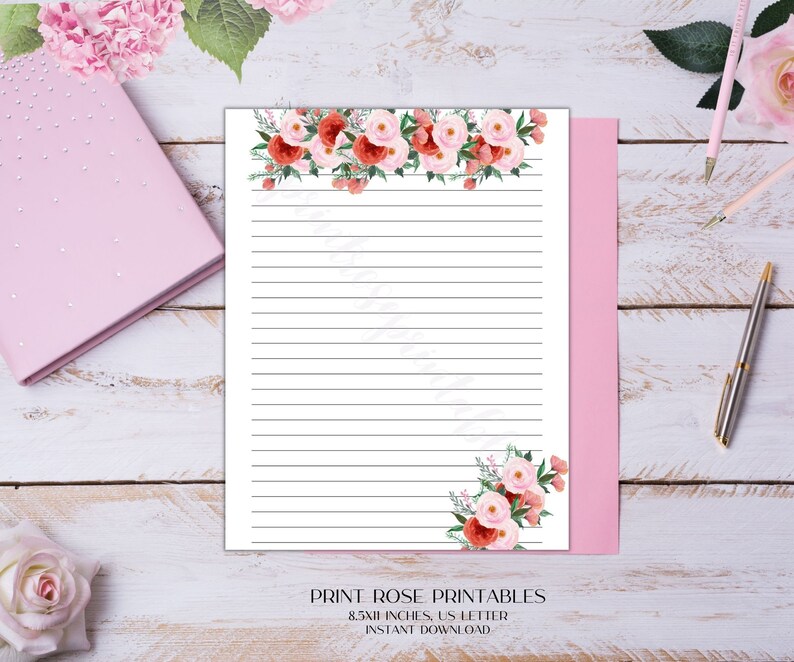 Pink Garden Floral Printable Stationery 8.5x11 Inches US Letter ...