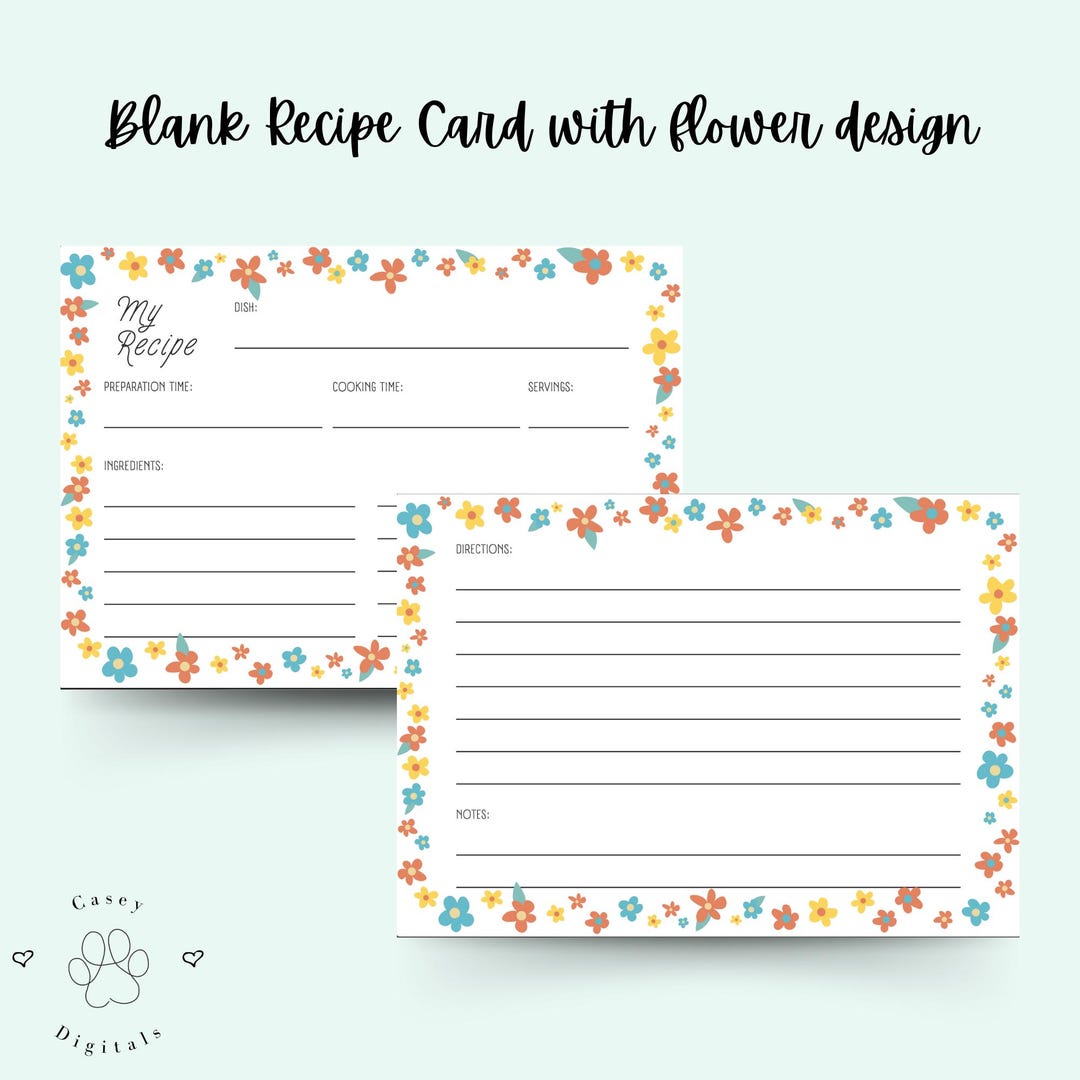 Blank Recipe Card With Flower Design - Etsy