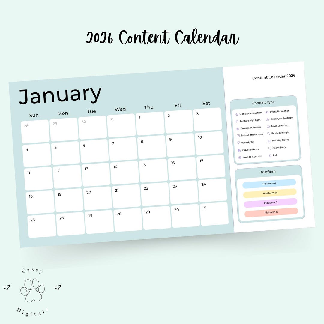 2026 Digital Content Calendar - Etsy
