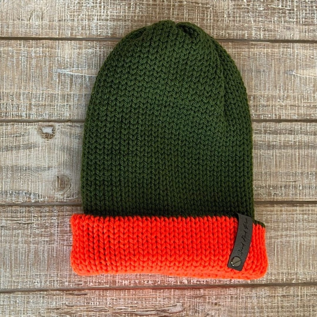 Green and Hunter Orange Reversible Knit Slouchy Insulated Beanie, Deer ...