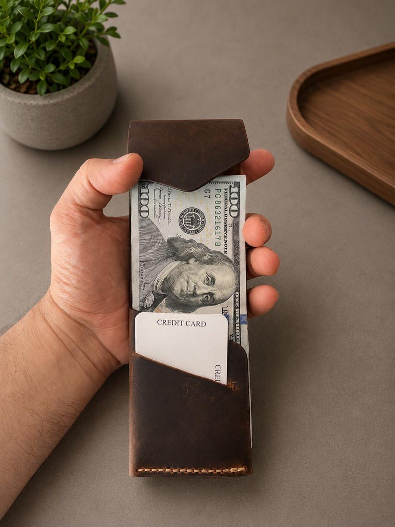 Personalized Leather Cash Wallet, Hand Stitched Minimalist Wallet for ...