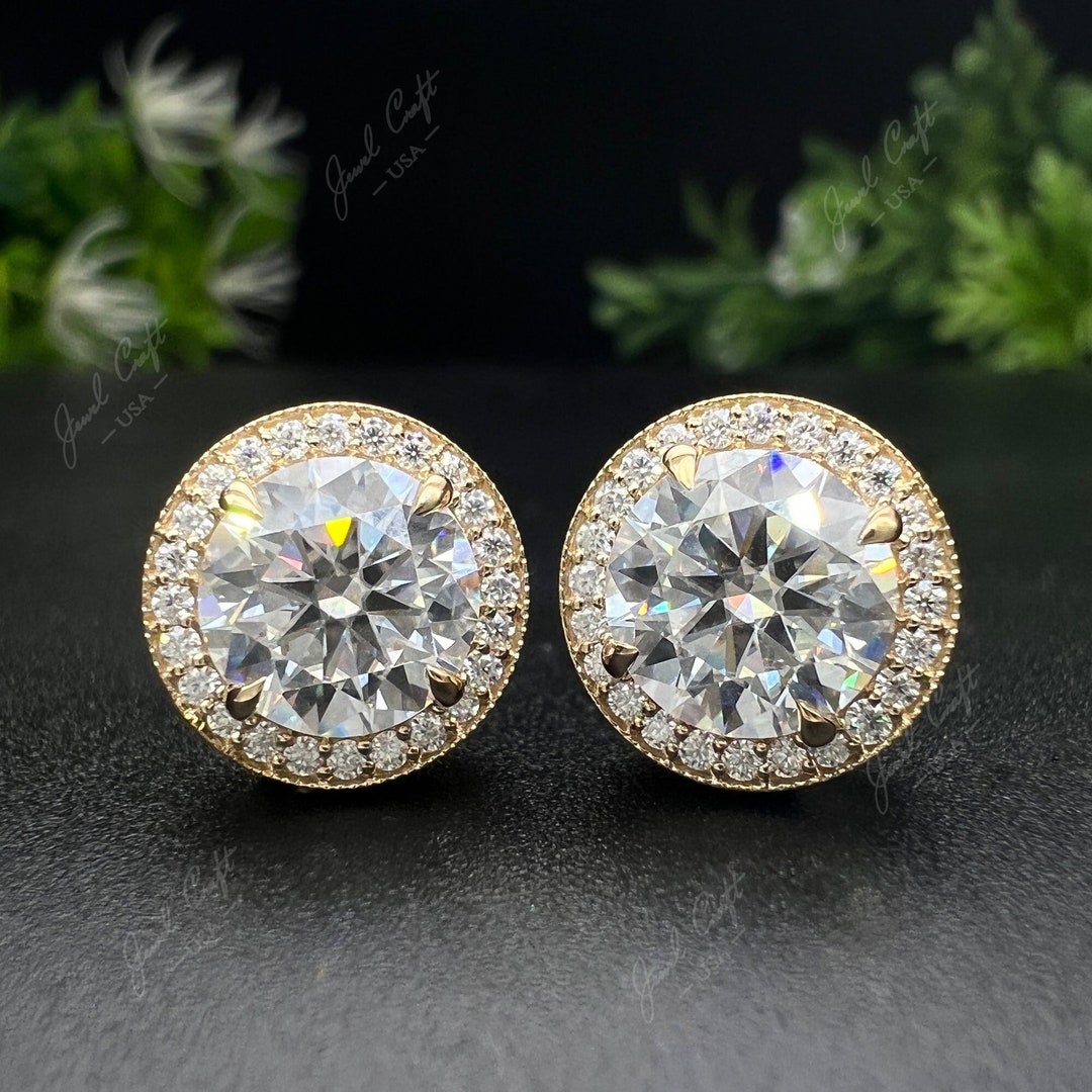 Round Cut Moissanite Halo and Prongs Setting Stud Earrings, Moissanite ...
