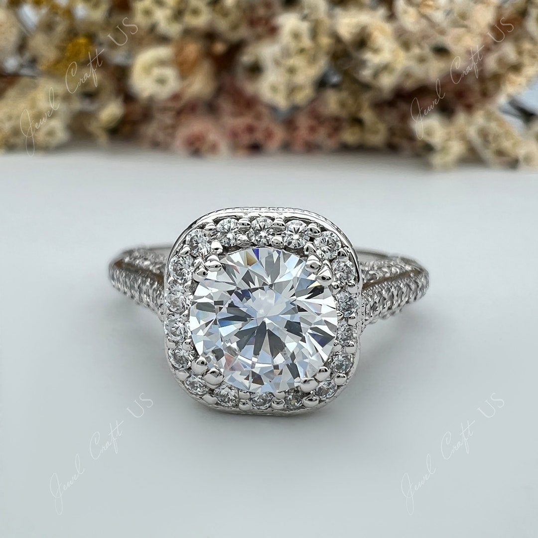 Round Cut Halo Engagement Ring, Bridal Set, Wedding Ring, Gift for ...