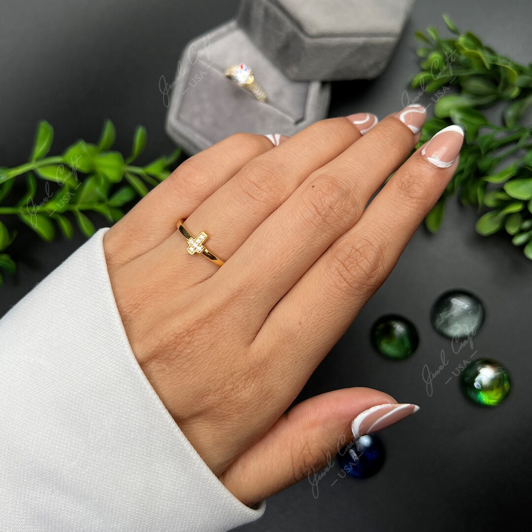 Buy Round Diamond Cross Shape Ring / Solid Silver Minimalist Engagement ...