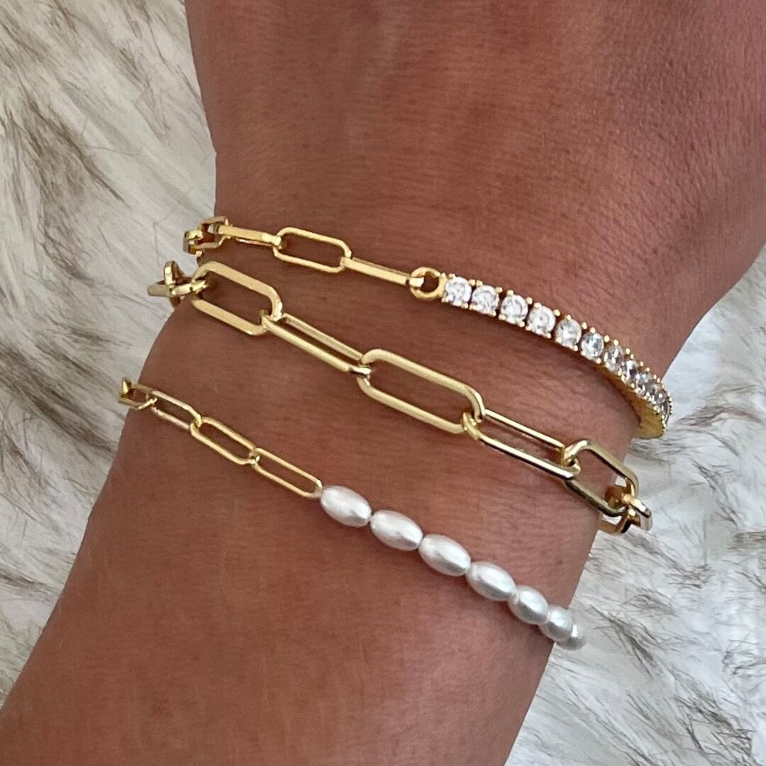 Adjustable Chain Link Bracelet, Gold With CZ Diamond or Pearl - Etsy